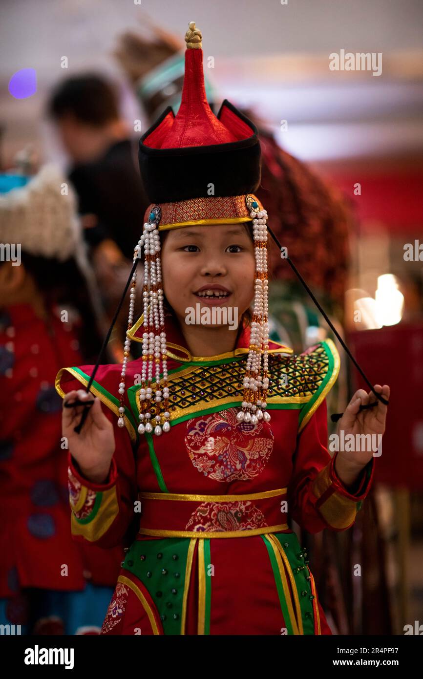 Moscow, Russia. 26th of March, 2023. Children in national Tuvan clothes ...