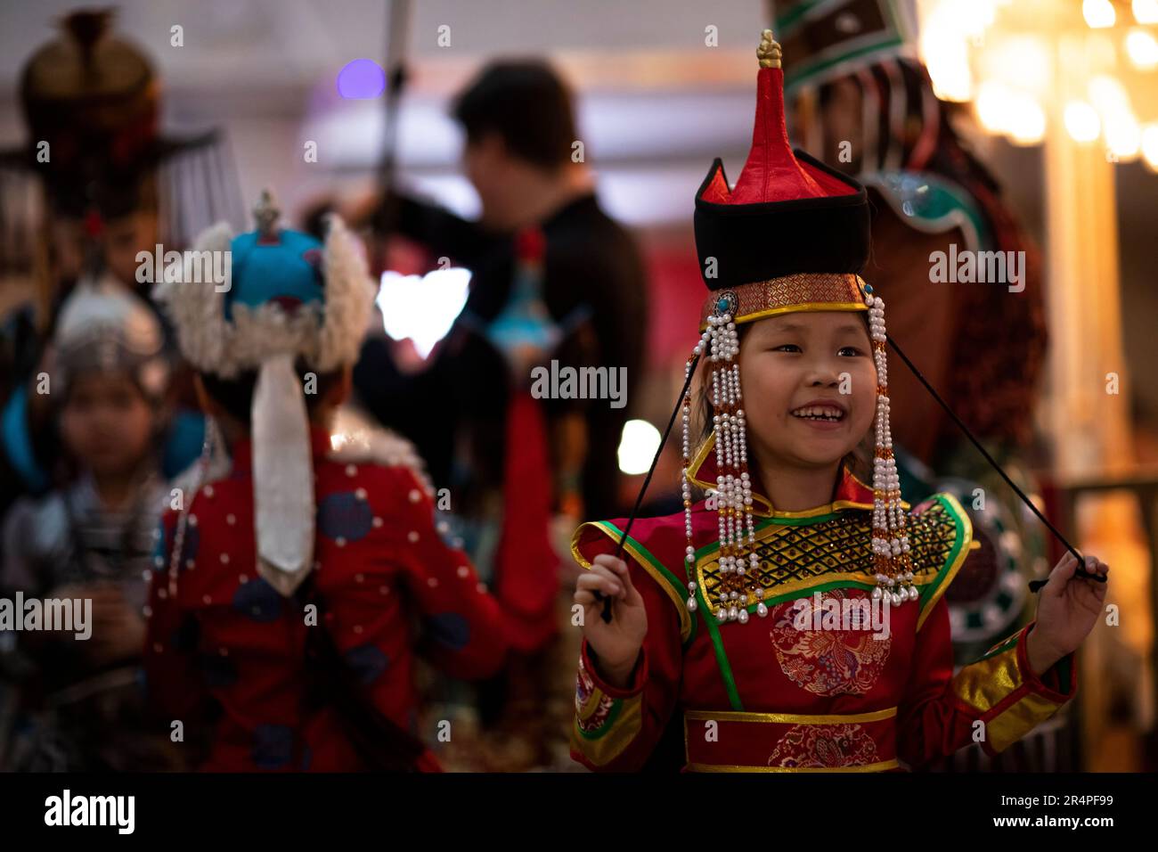 Moscow, Russia. 26th of March, 2023. Children in national Tuvan clothes ...
