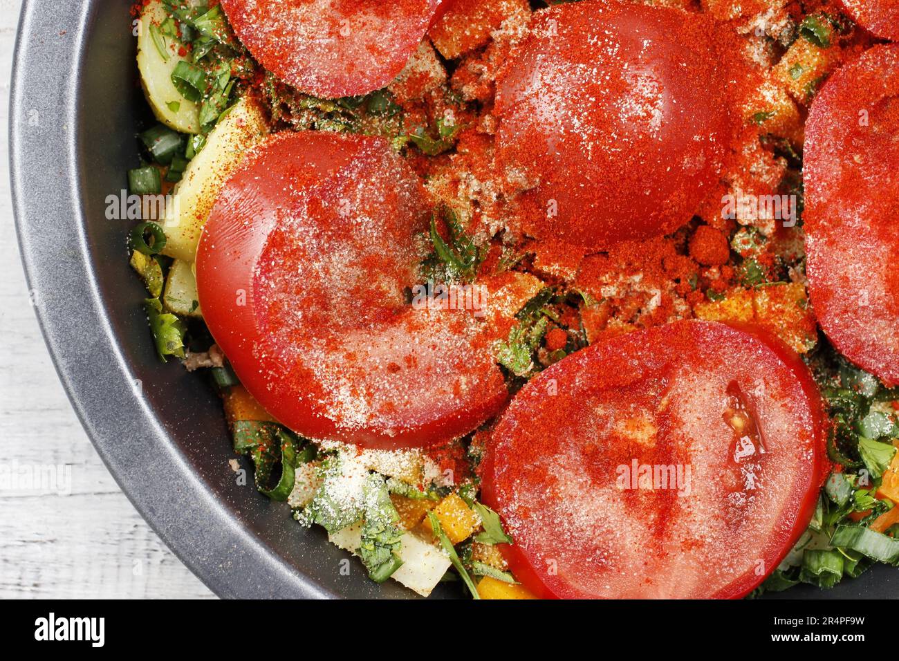 Traditional tomato, fish and cheese casserole. Italian healthy food ...