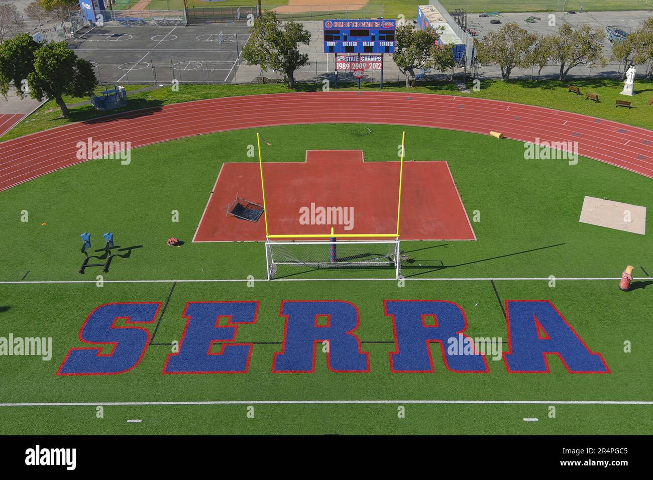 A general overall aerial view of the Serra Cavaliers logo in the end ...