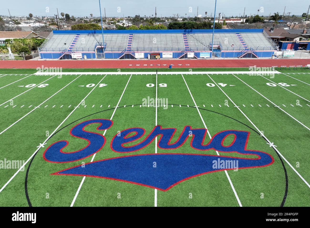 A general overall aerial view of the Serra Cavaliers logo at midfield ...