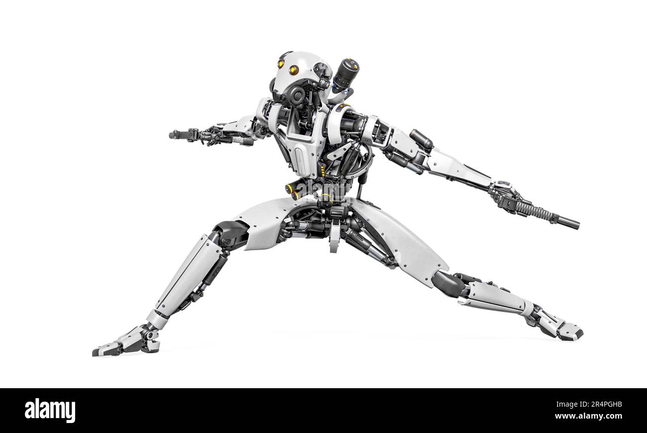 droid soldier is crouched in action and holding a pistol, 3d ...