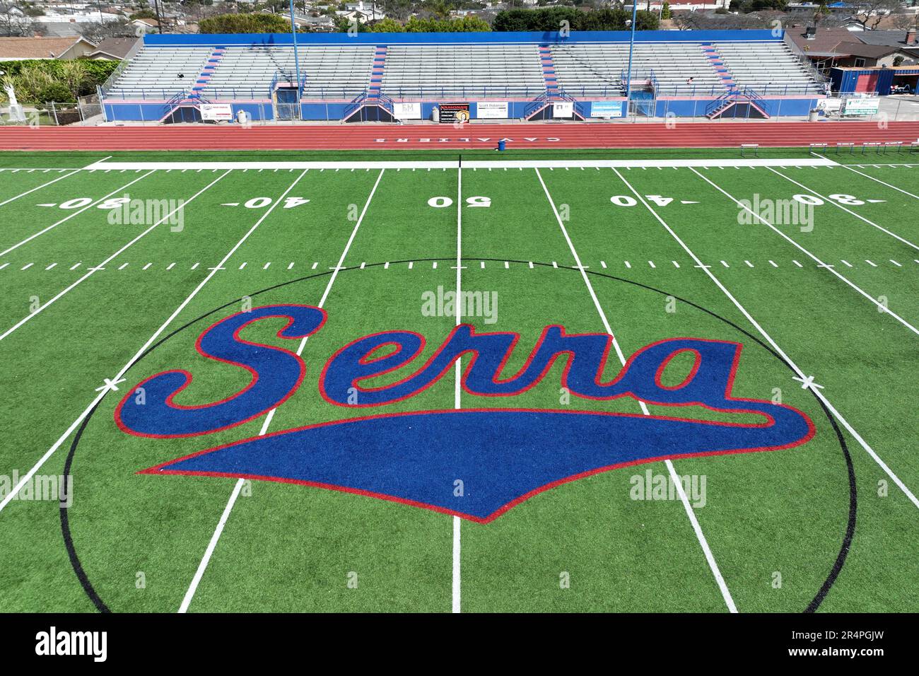 A general overall aerial view of the Serra Cavaliers logo at midfield ...