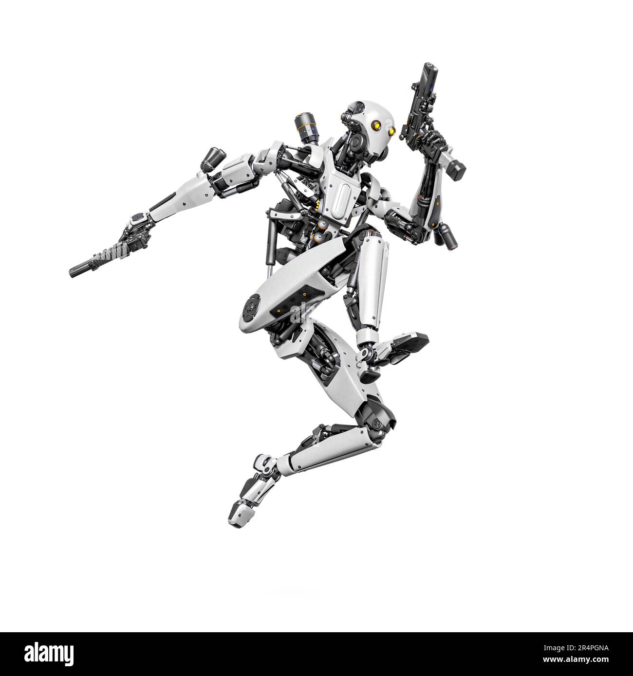 droid soldier is jumping in action holding pistol, 3d illustration ...
