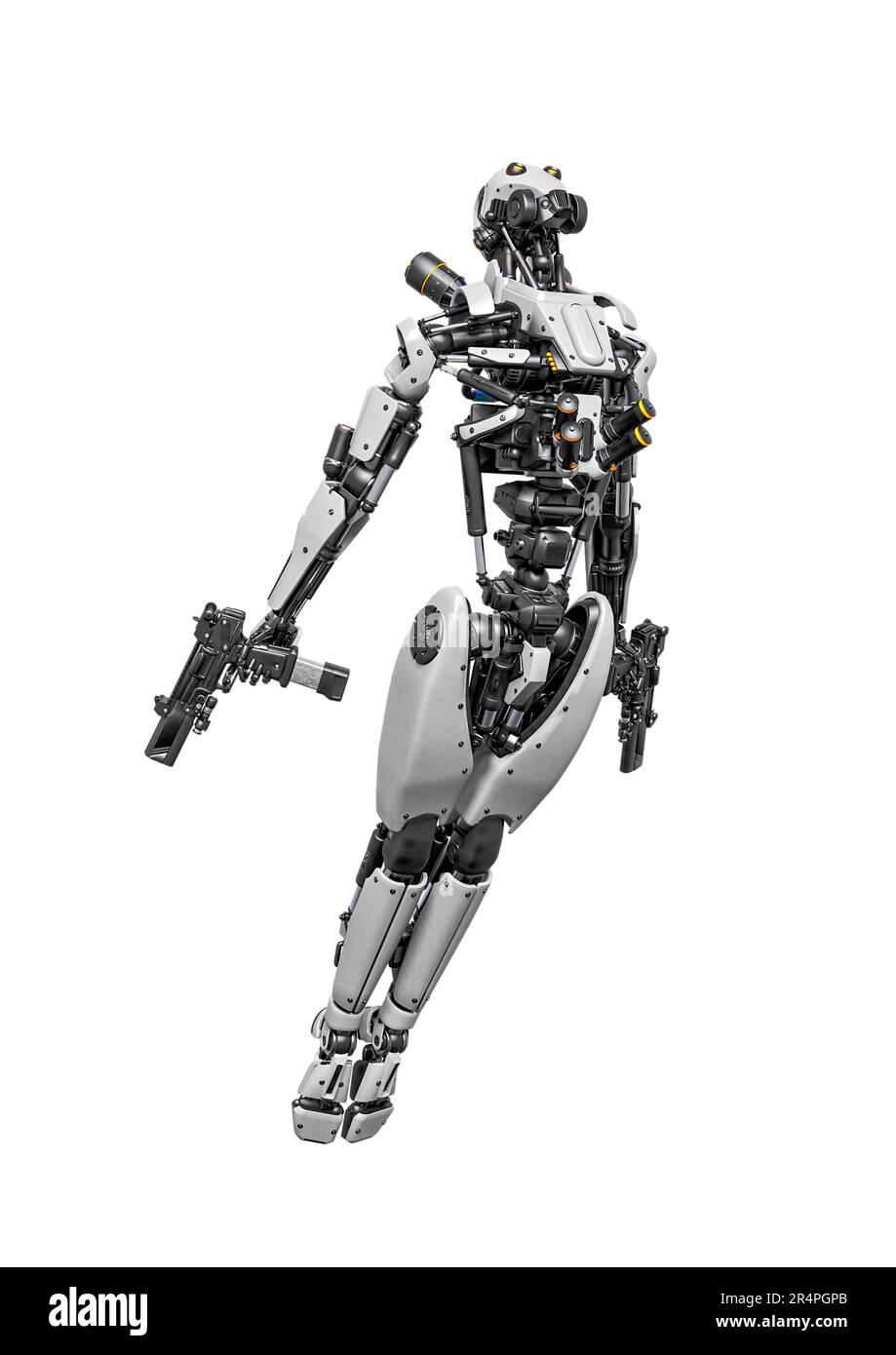 droid soldier is flying up in action and holding a pistol, 3d ...