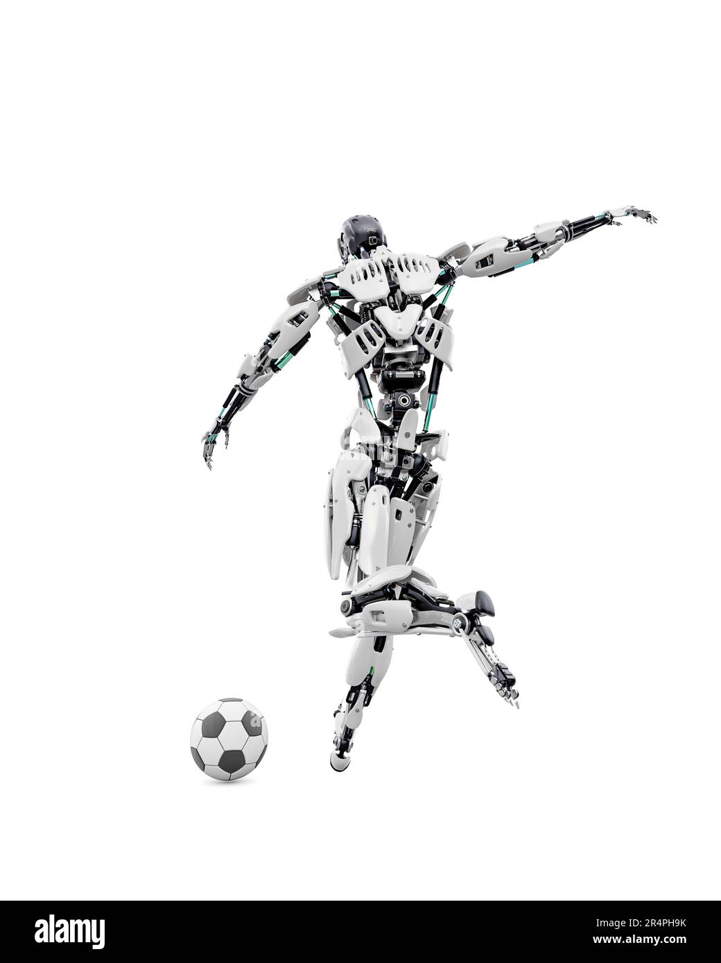 master cyber robot is kicking the football ball rear view, 3d ...