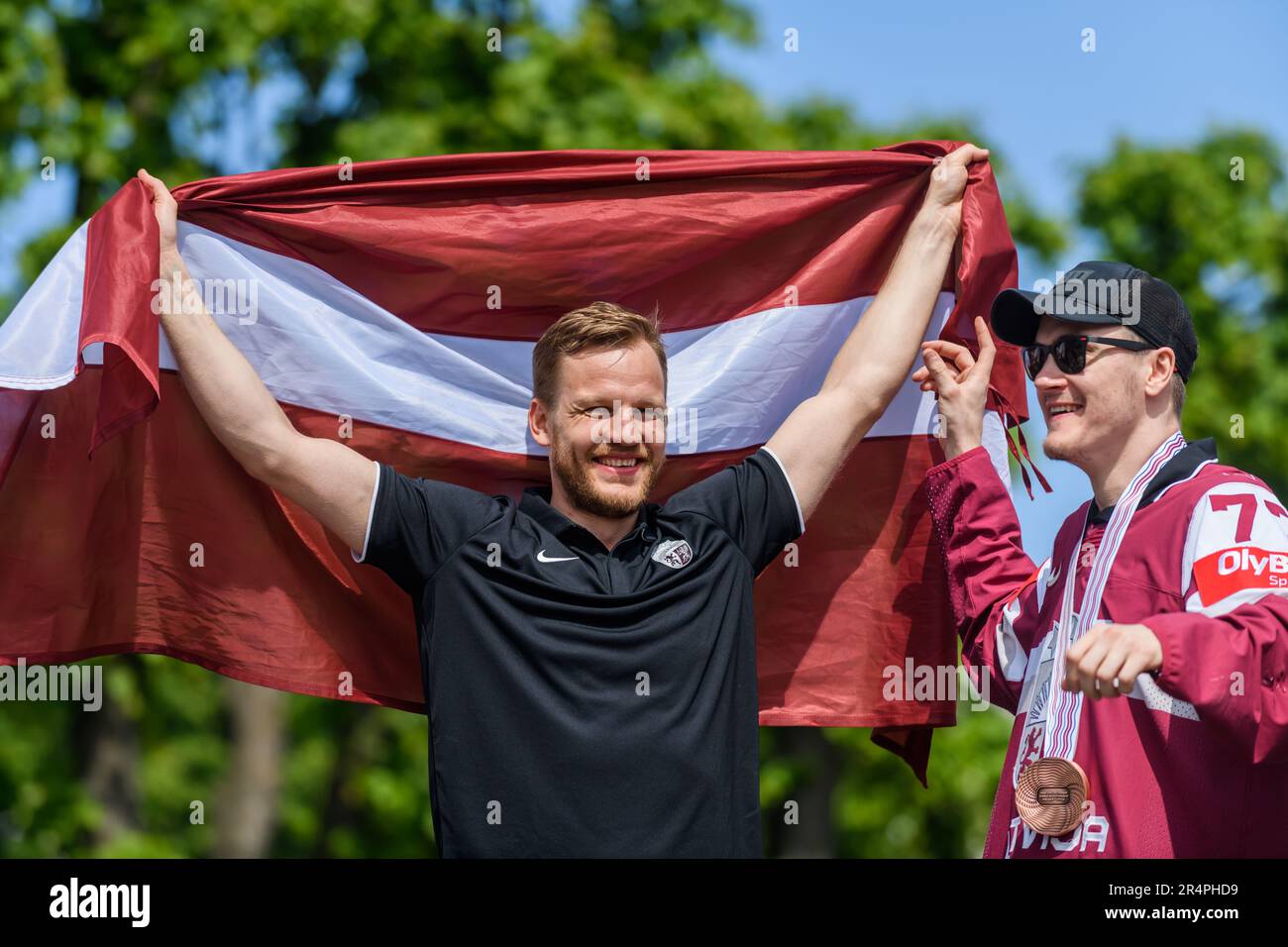 RIGA, Latvia. 29th May, 2023. Ralfs Freibergs and Kristaps Zile, IIHF ...