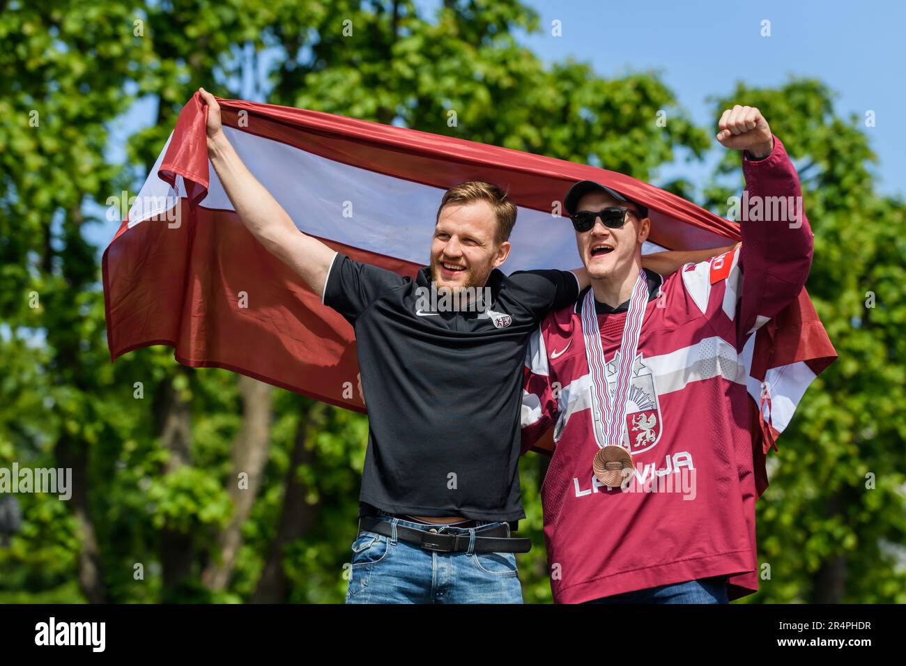 RIGA, Latvia. 29th May, 2023. Ralfs Freibergs and Kristaps Zile, IIHF ...