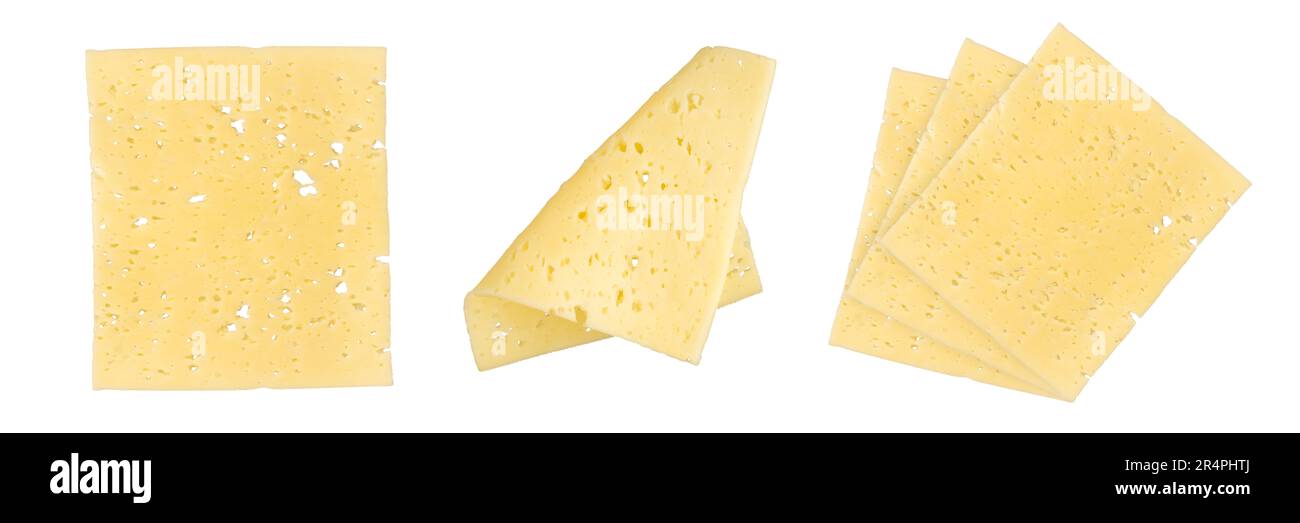 Swiss cheese isolate. Cheese slices with many small holes, close-up ...