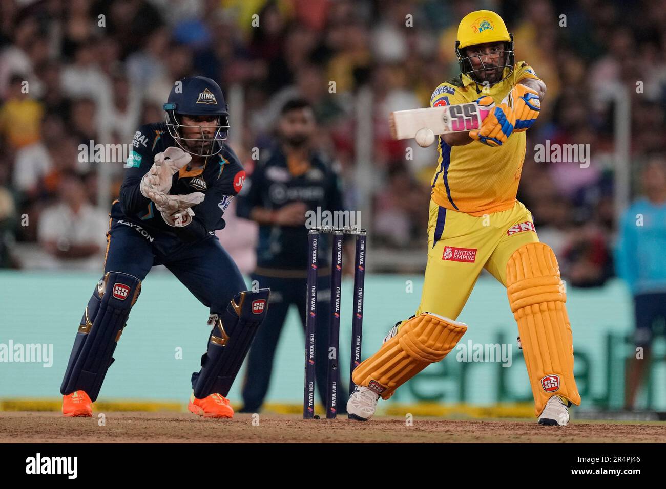 Chennai Super Kings' Ambati Rayudu, right, plays a shot during the Indian Premier League final ...