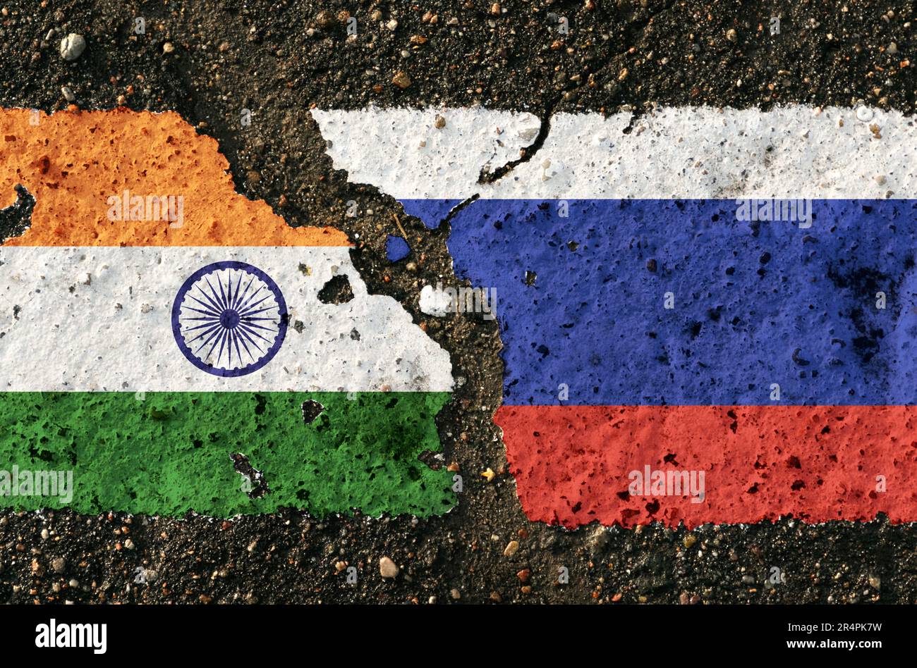 On the pavement are images of the flags of India and Russia, as a ...