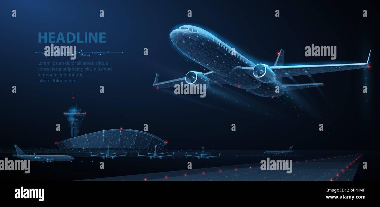 Takeoff of an airplane and an airport in background. Air transport ...