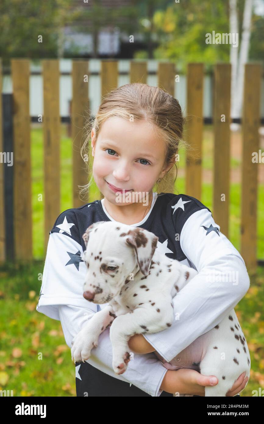 Kids play with cute little puppy of dalmatian. Children and baby dogs ...