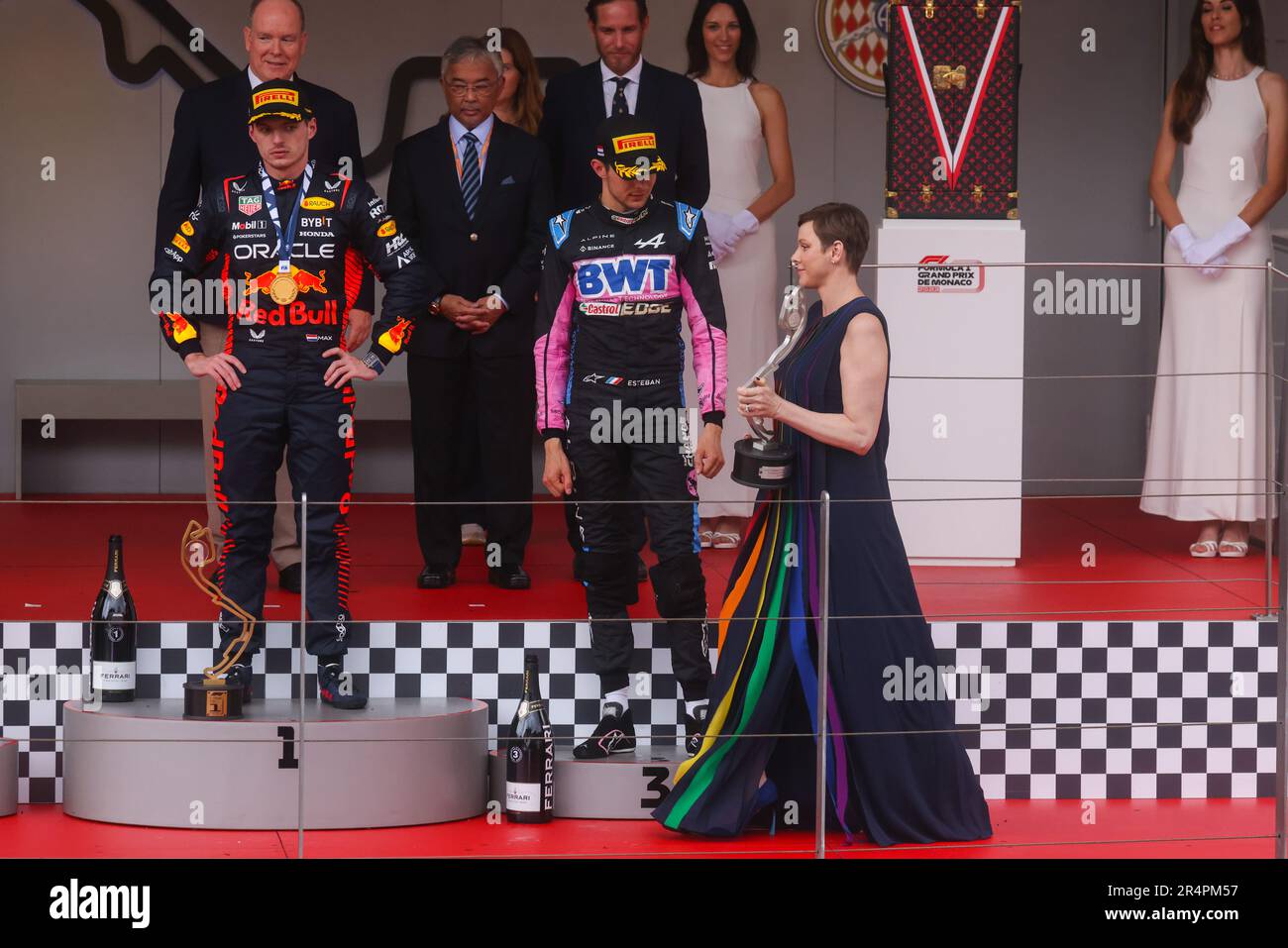 Monte Carlo, Monaco. 28th May, 2023. Charlene, Princess of Monaco, Max Verstappen of Red Bull ...