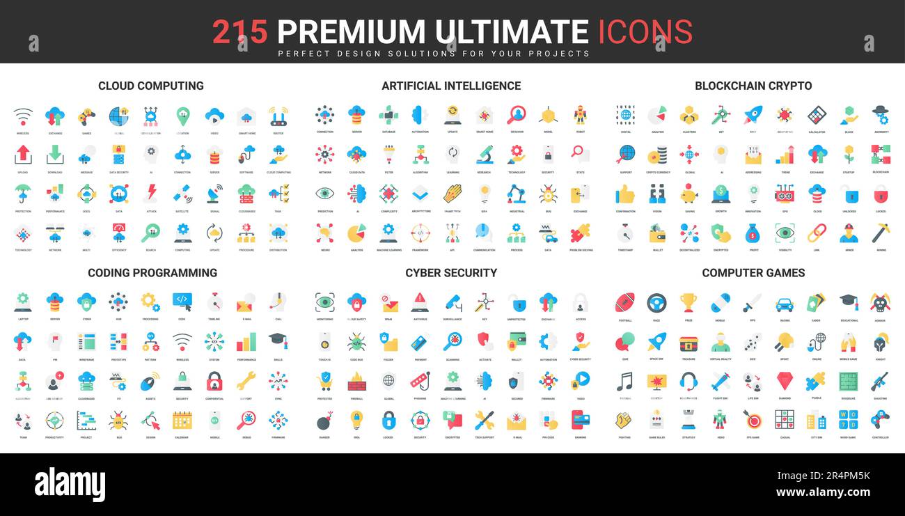 Cloud computing, AI technology color flat icons set vector illustration. Abstract symbols of ...