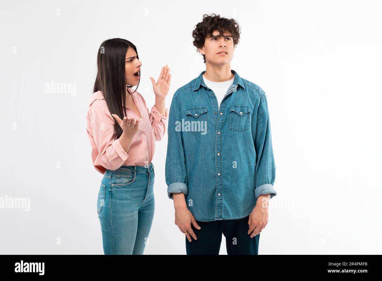 Emotional Girlfriend Shouting At Boyfriend Having Quarrel On White ...