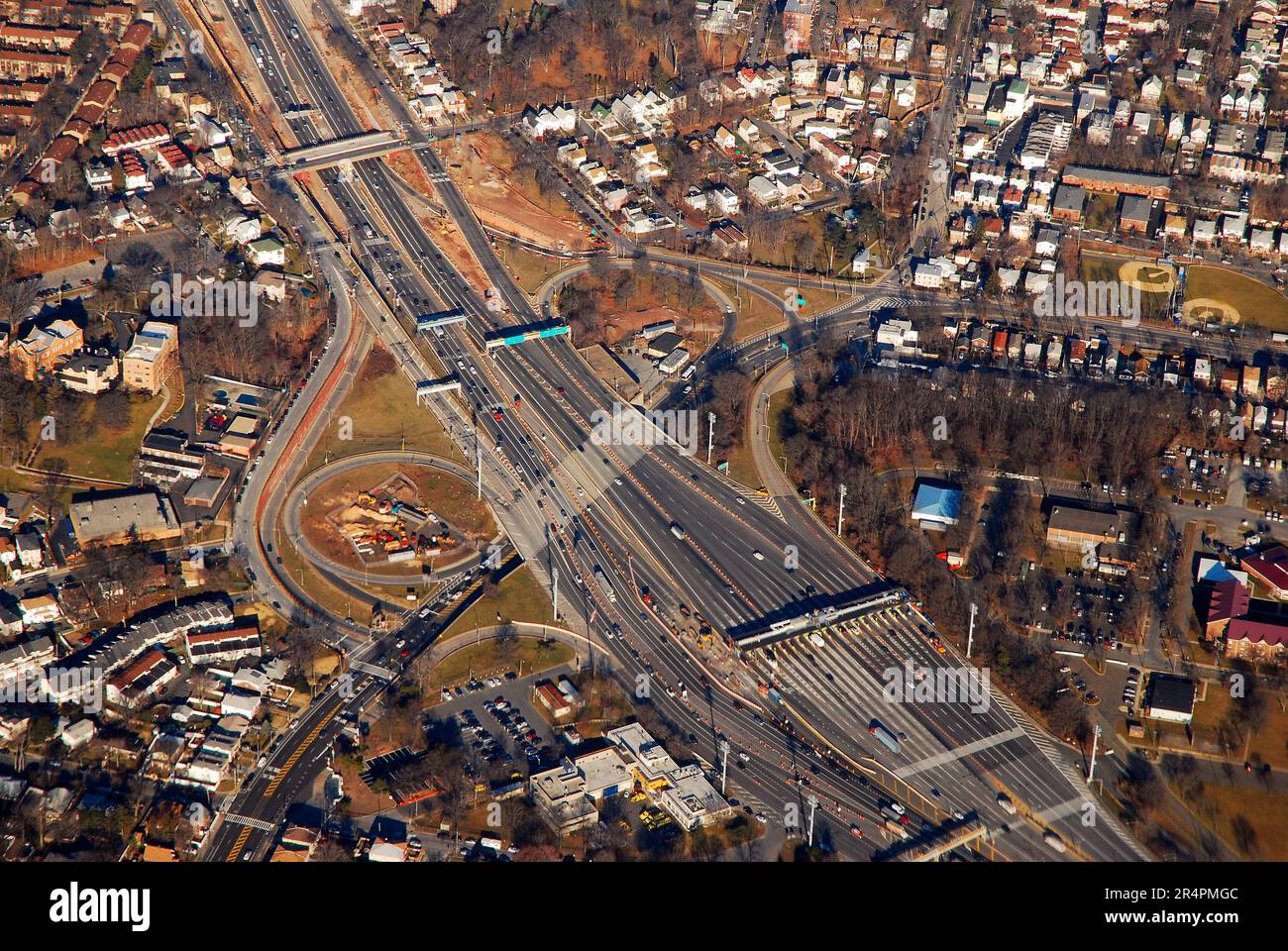 An aerial view of a highway toll booth leading to the Queens Midtown ...