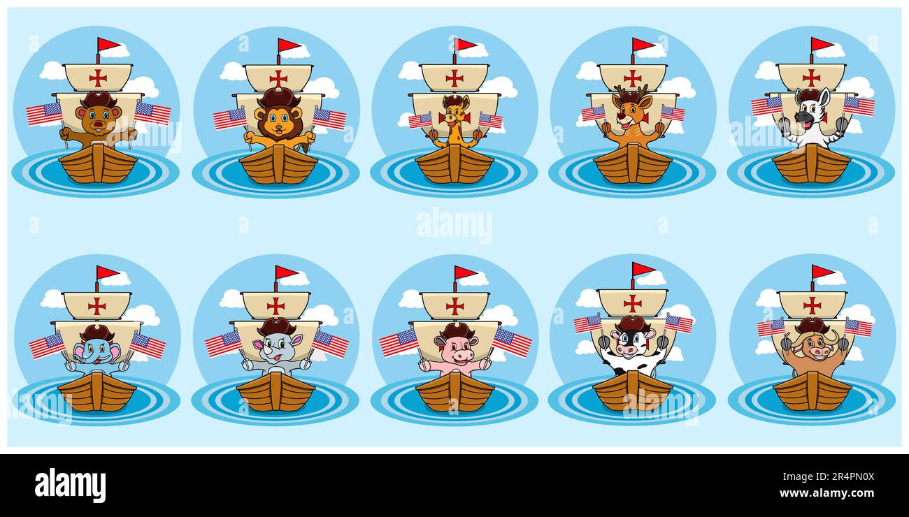 Happy Columbus Day America With Cute Animals And Bring Flags, Circle ...