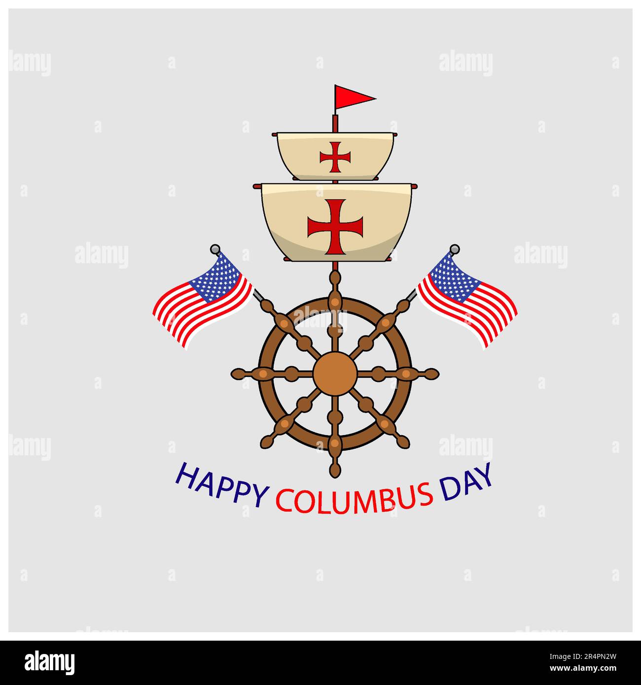 Happy Columbus Day America With Ship Wheel and Flags, celebration ...