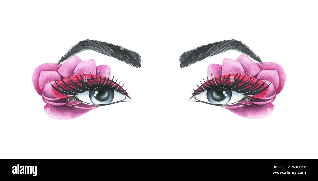 Women's eyes and eyebrows with makeup and pink anemone flowers ...