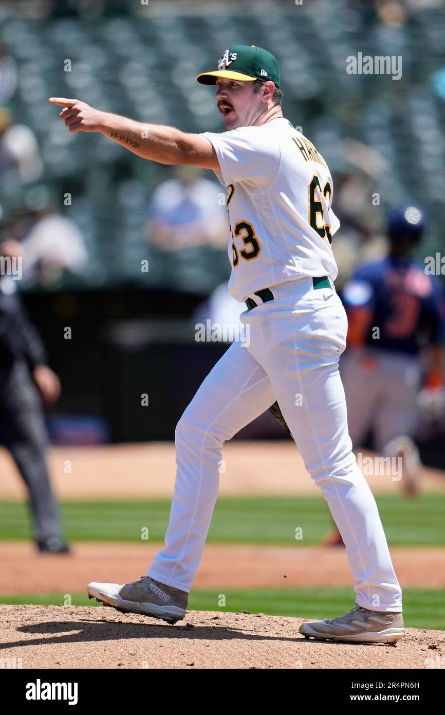 Oakland Athletics pitcher Hogan Harris against the Houston Astros ...