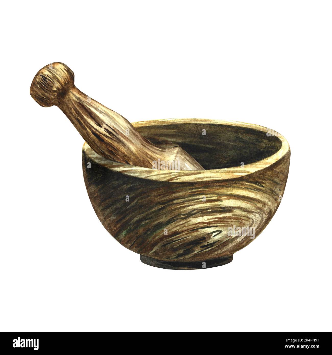 Wooden mortar and pestle Isolated hand drawn watercolor illustration ...