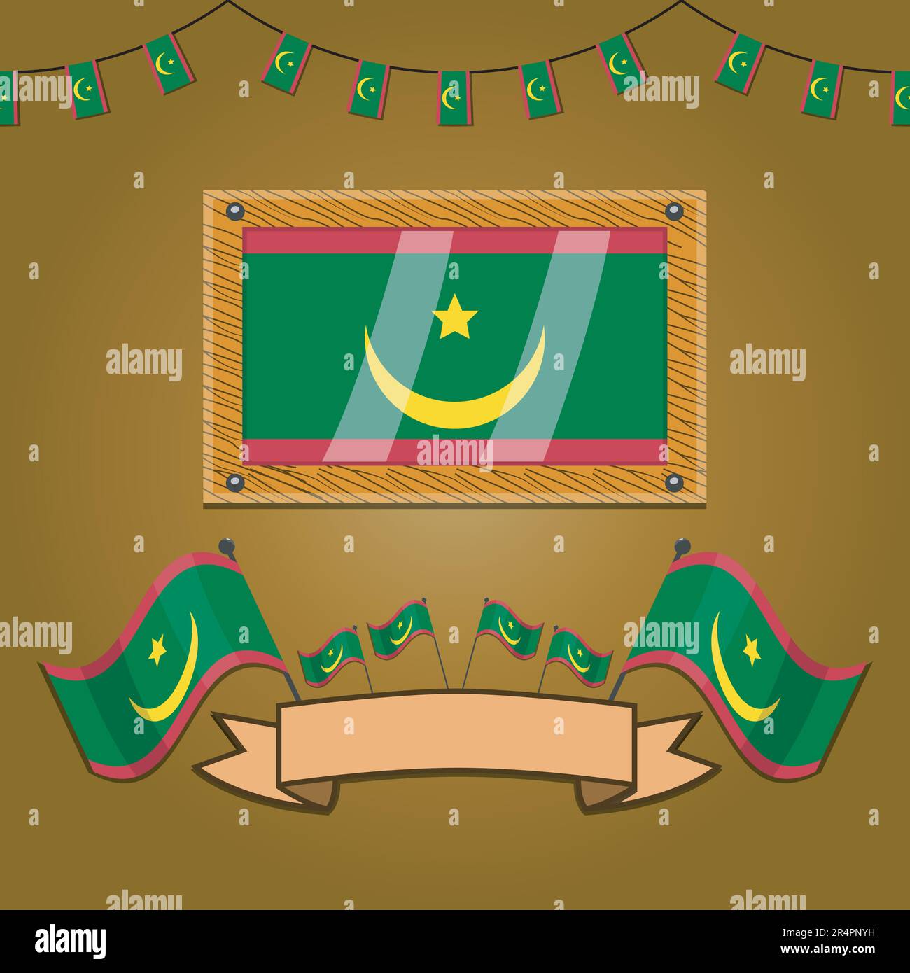 Mauritania Flags On Frame Wood Label Simple Gradient And Vector Illustration Stock Vector