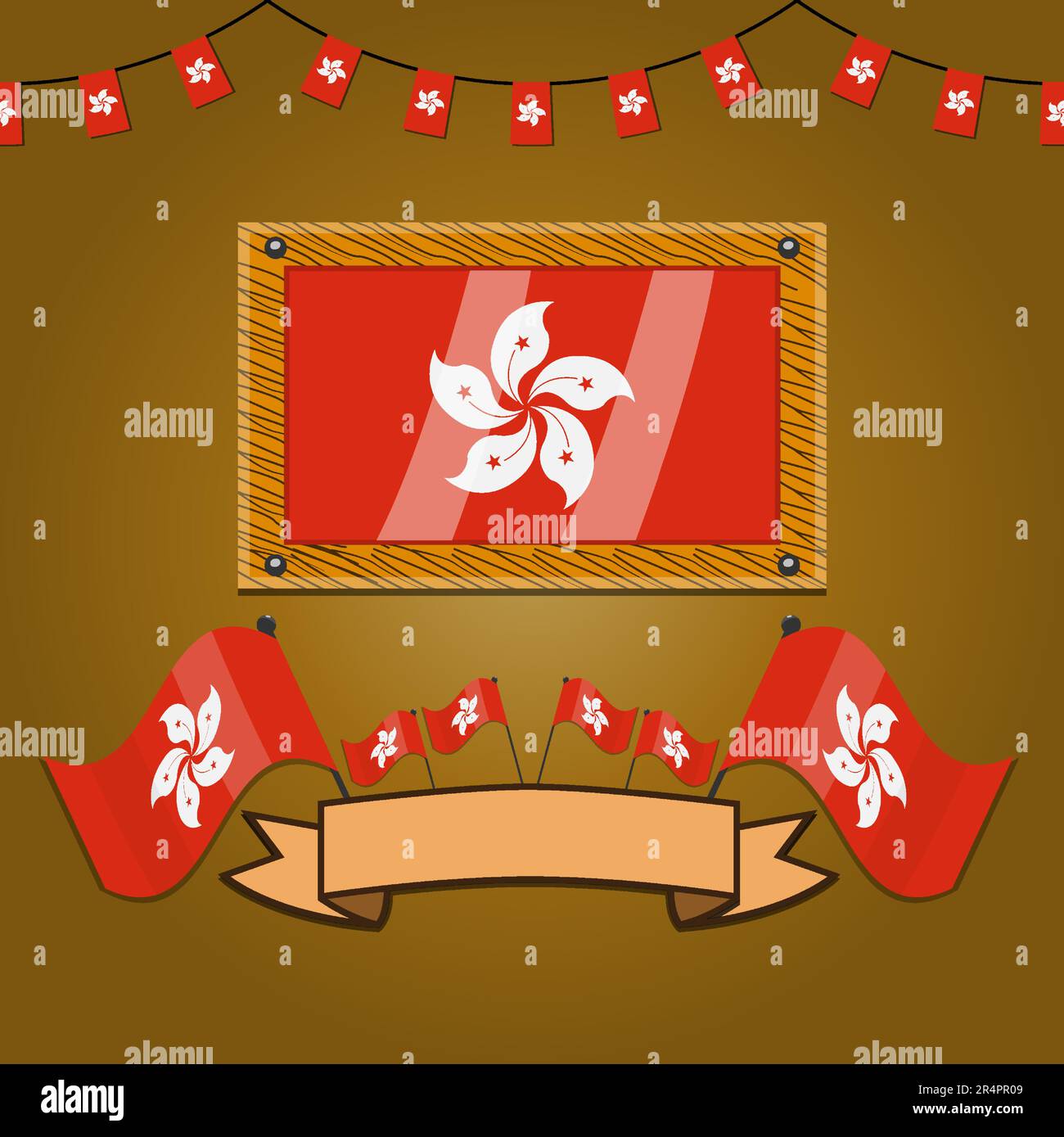 Hong Kong Flags On Frame Wood, Label, Simple Gradient and Vector ...
