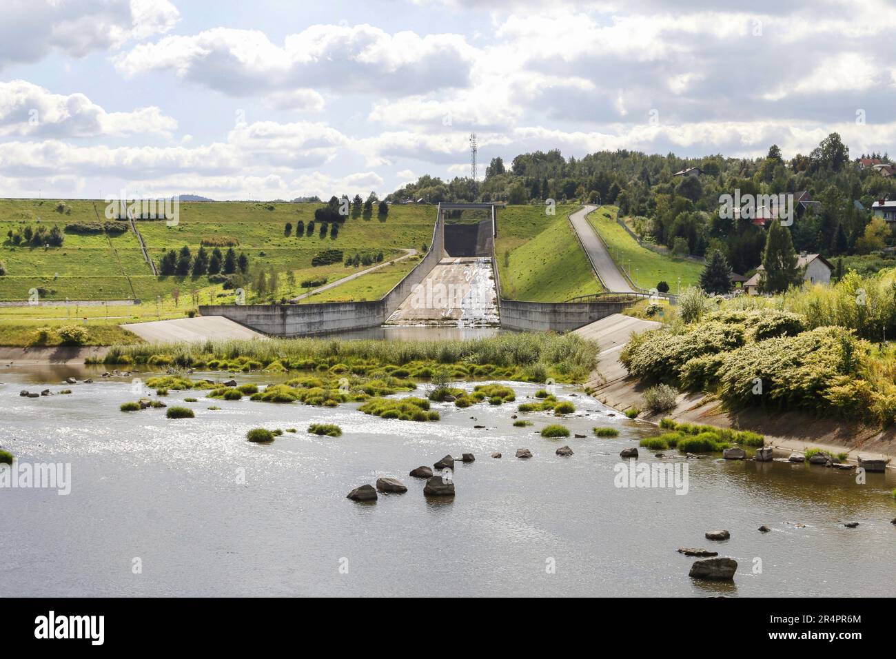 Dam and flood protection reservoir on the Skawa river in Swinna Poreba ...