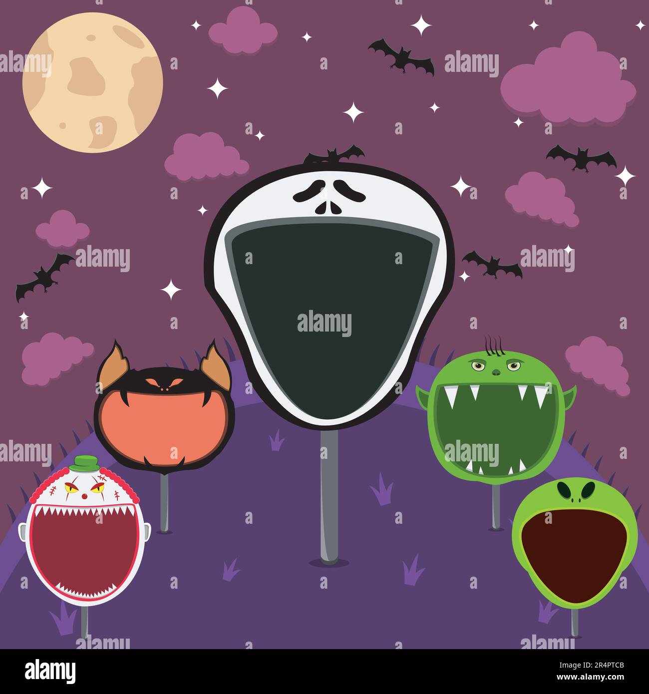 Head Monster Set in Field and Night. Big Scream Head, Creepy Bat ...