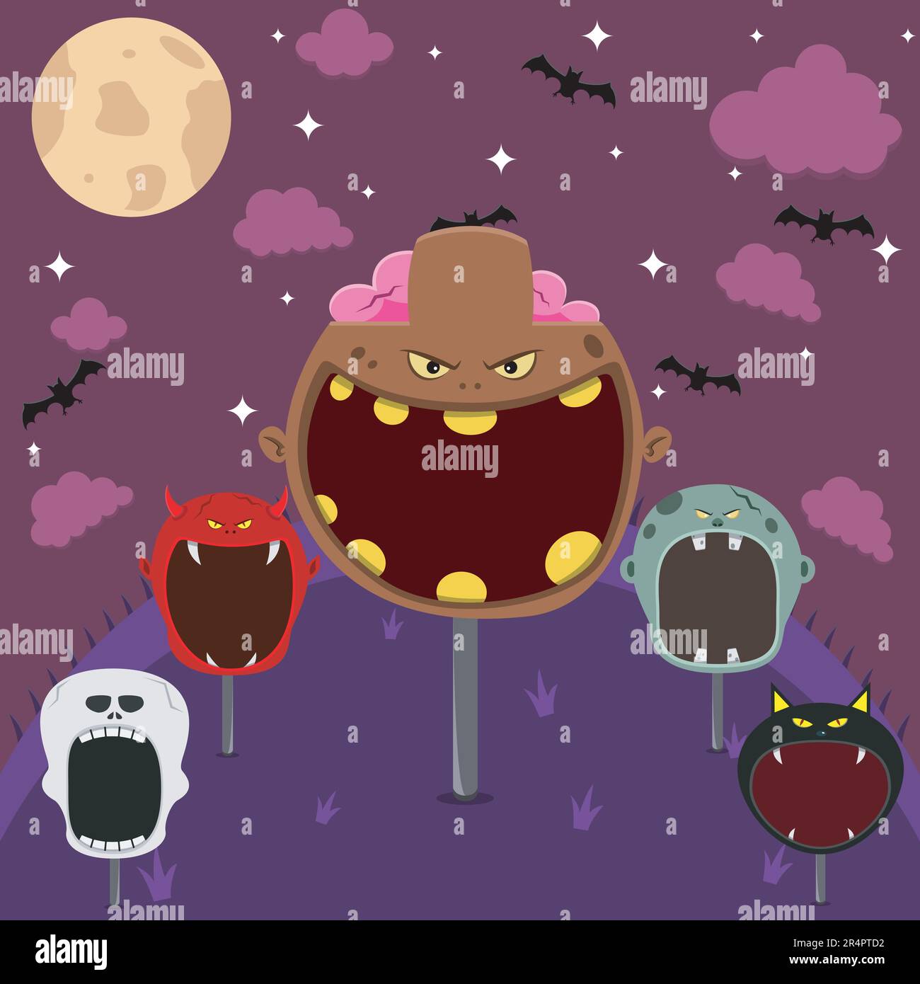 Head Monster Set in Field and Night. Big Brown Zombie Head, Grey Zombie ...