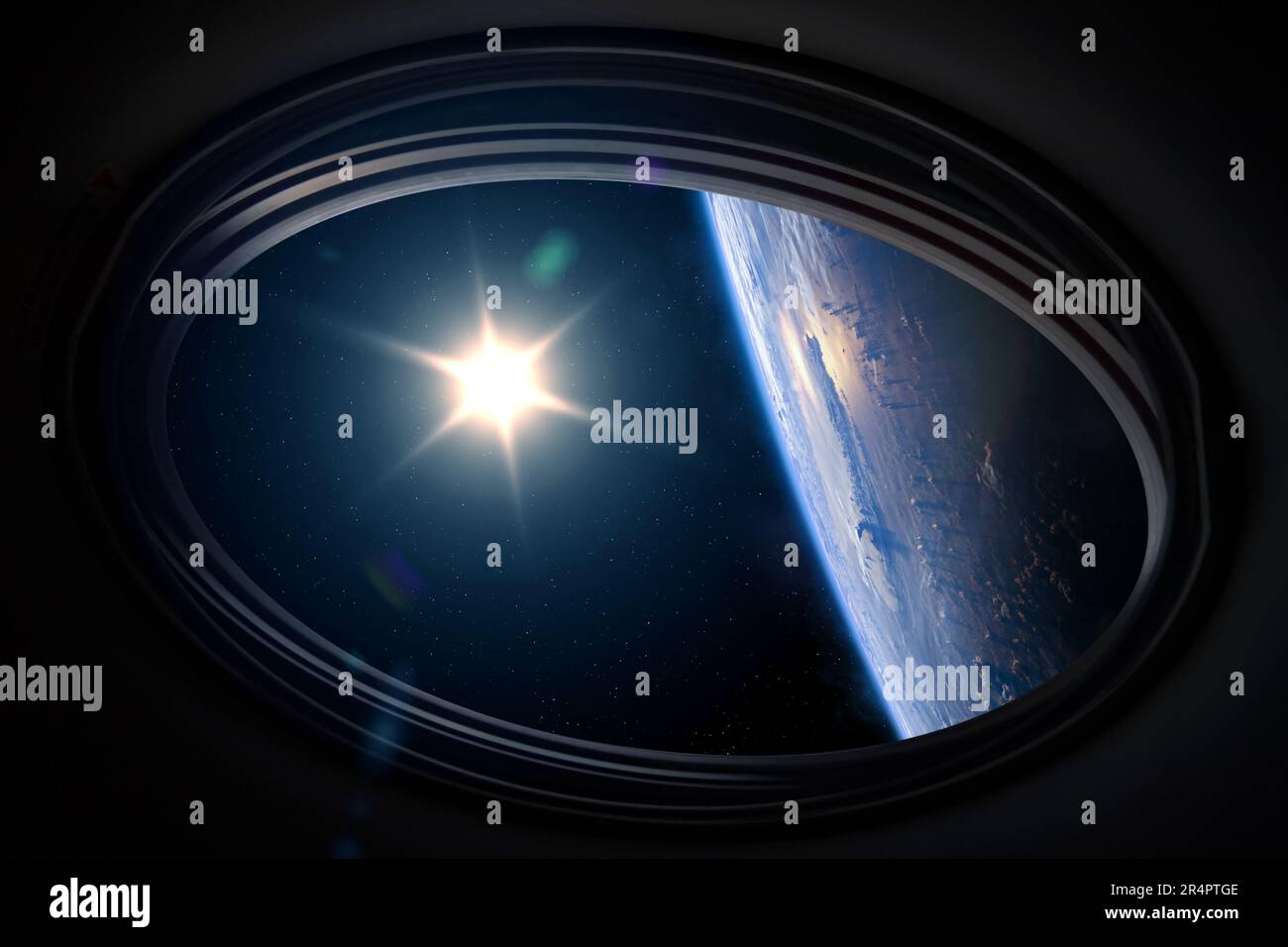 Spaceship flies near the amazing blue planet earth, view from the ...