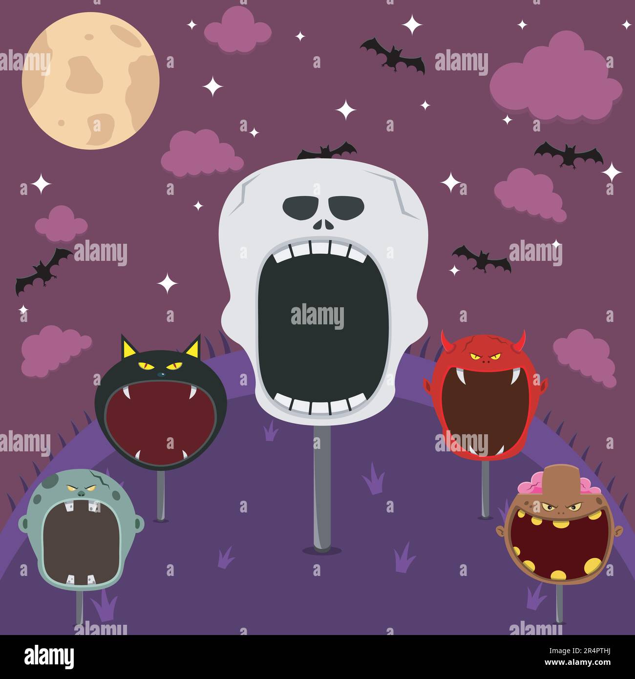 Head Monster Set in Field and Night. Big Skeleton Head, Grey Zombie ...