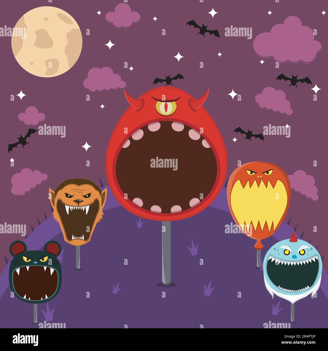 Head Monster Set in Field and Night. Big One Eye Monster Head, Balloon ...