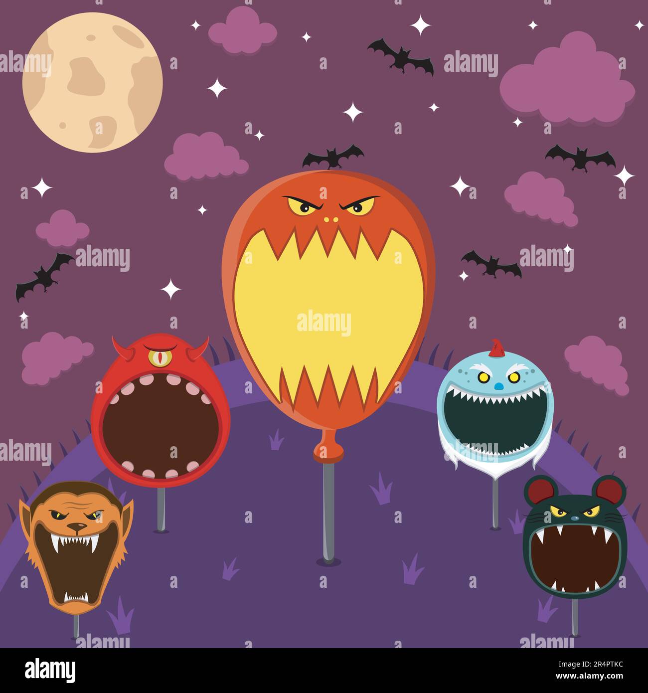 Head Monster Set in Field and Night. Big Balloon Head, One Eye Monster ...