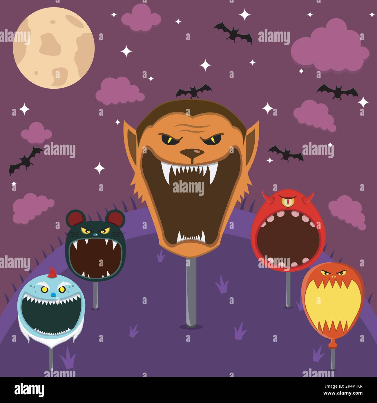 Head Monster Set in Field and Night. Big Wolf Man Head, Balloon, One ...