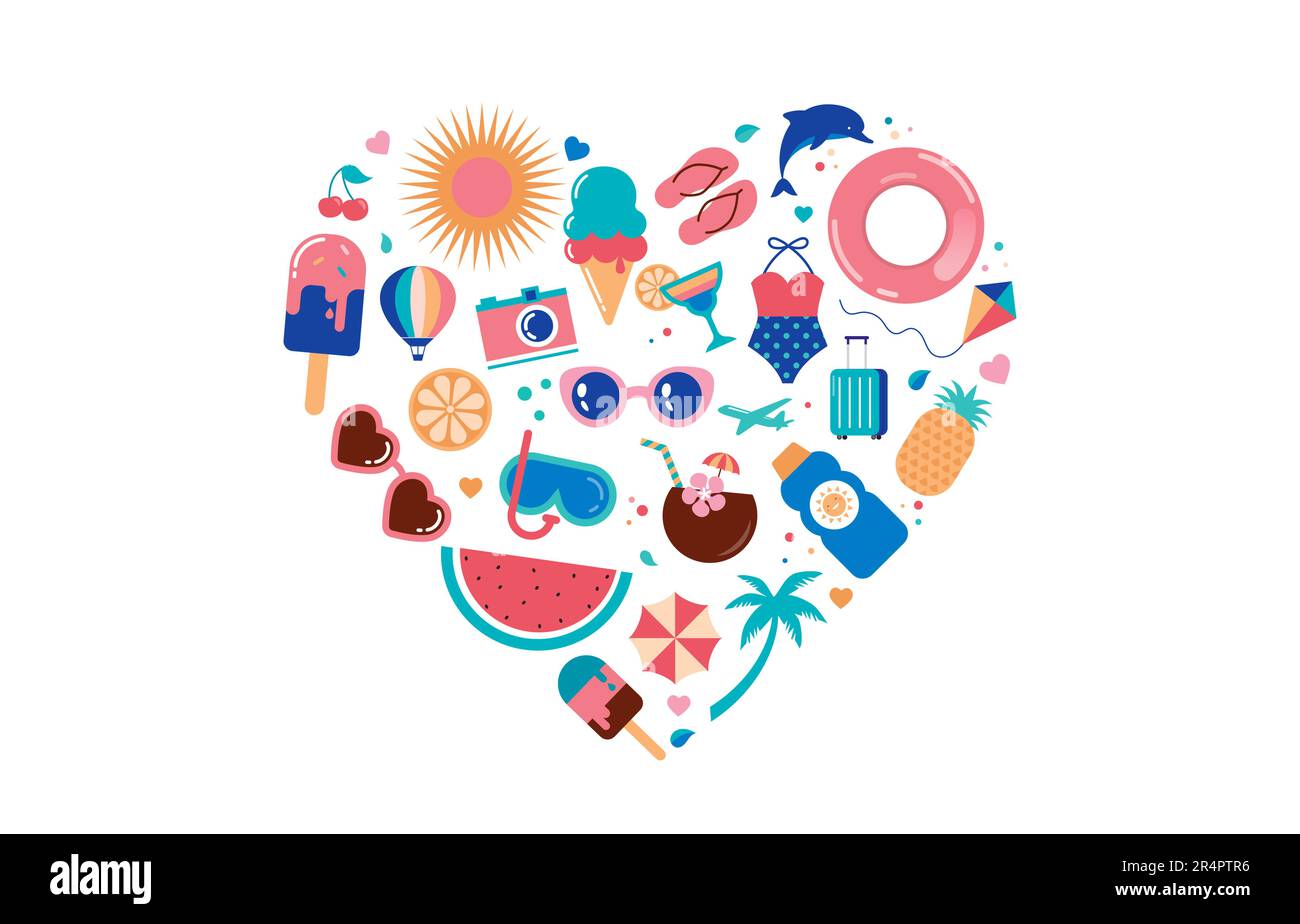 Summertime vibes heart design with cute summer beach doodles and icons ...
