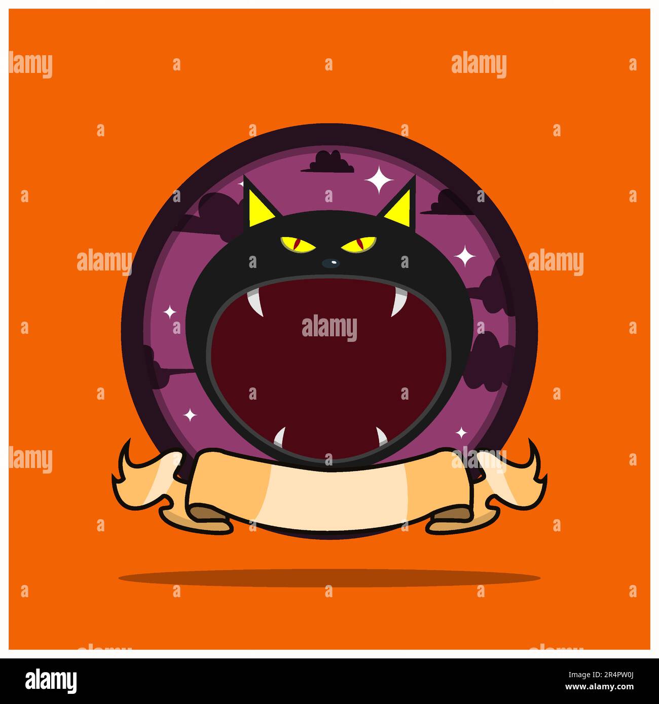 Vintage Monster Head Circle Label With Black Cat Design. Vector and ...