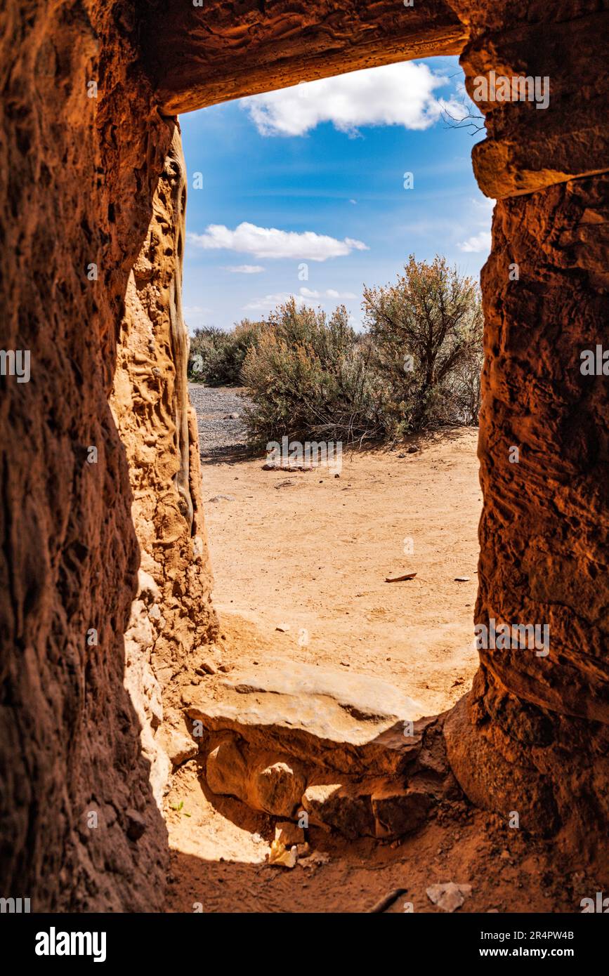 Doorway view; replica of ancient Puebloan stone & mud block home ...