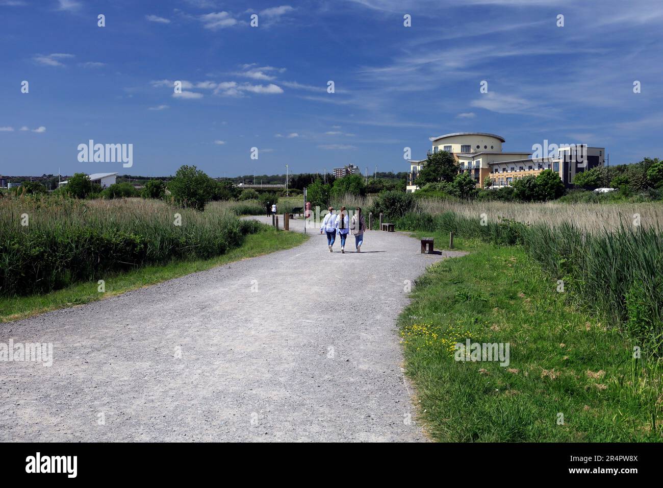 Three young women walking along a winding path, Cardiff Bay Wetland ...