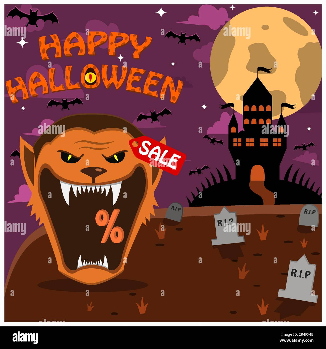 Halloween Character Head With Wolf Man Head On Graveyard and Palace ...