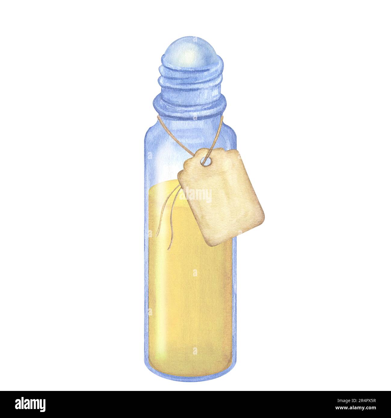 Cosmetic essential oil. Glass roller ball bottle with tag. Hand draw ...