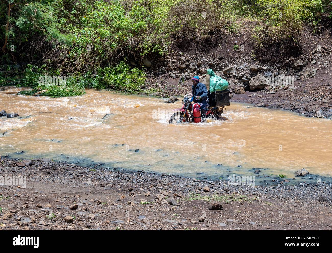 A local man on heavily loaded motorbike trying to cross a river. Kenya ...