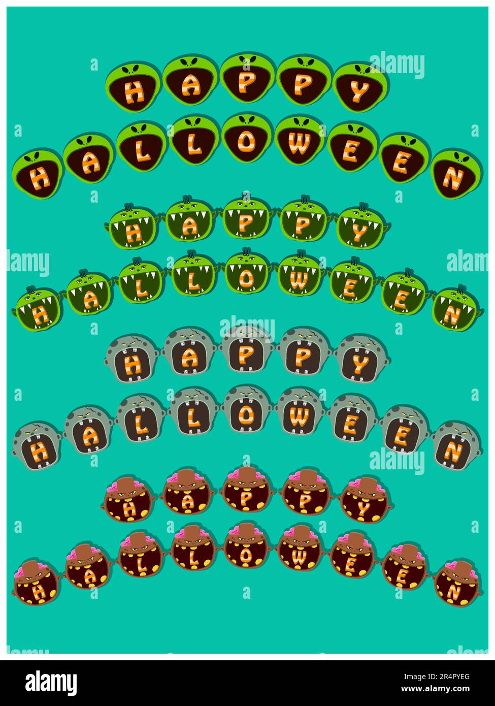 Happy Halloween Text Banner On Head Monsters. Alien, Goblin, Grey ...