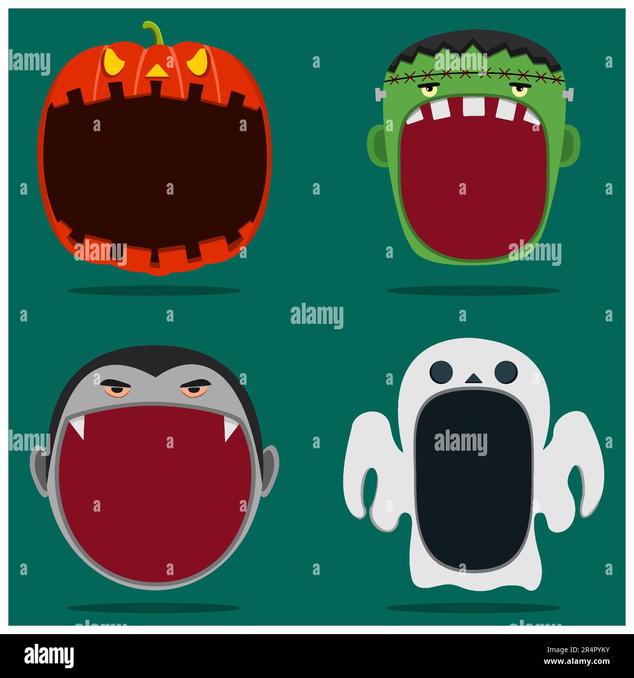 Four Halloween Character Head and Open Mouth. Pumpkin, Frankenstein ...