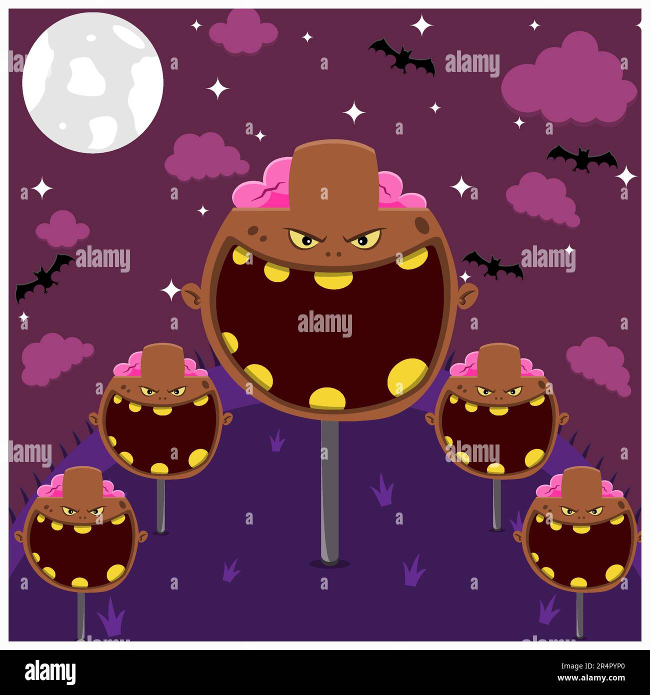 Halloween Character Head Design. Brown Zombie Character in Field and On ...