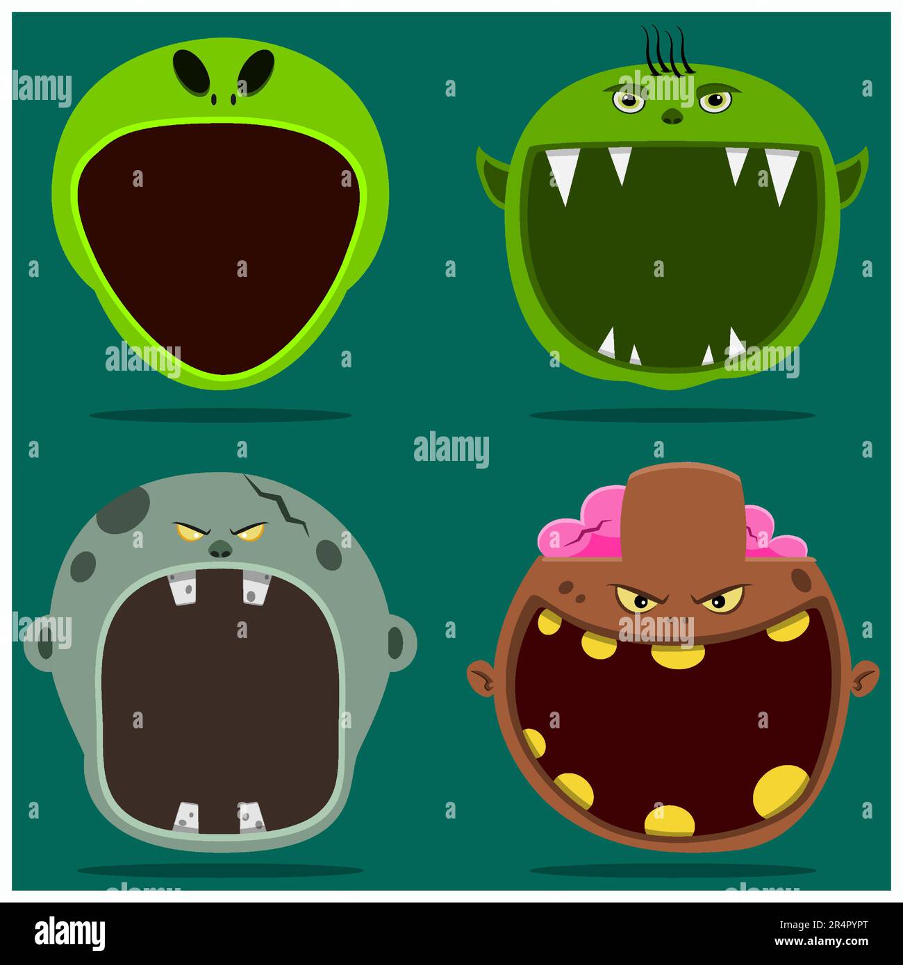 Four Halloween Character Head and Open Mouth. Alien, Goblin, Grey ...