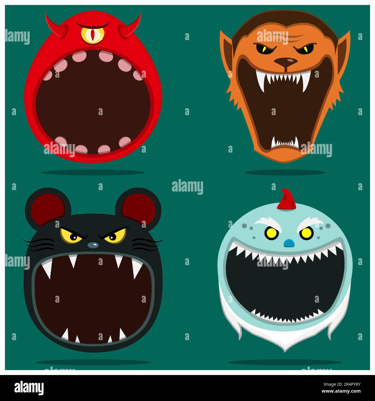 Four Halloween Character Head and Open Mouth. One Eye Monster, Wolf Man ...