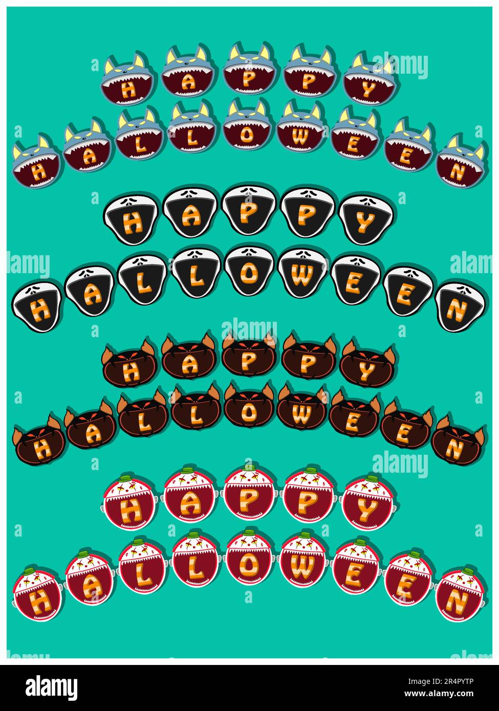 Happy Halloween Text Banner On Head Monsters. Wolf, Scream, Creepy Bat ...