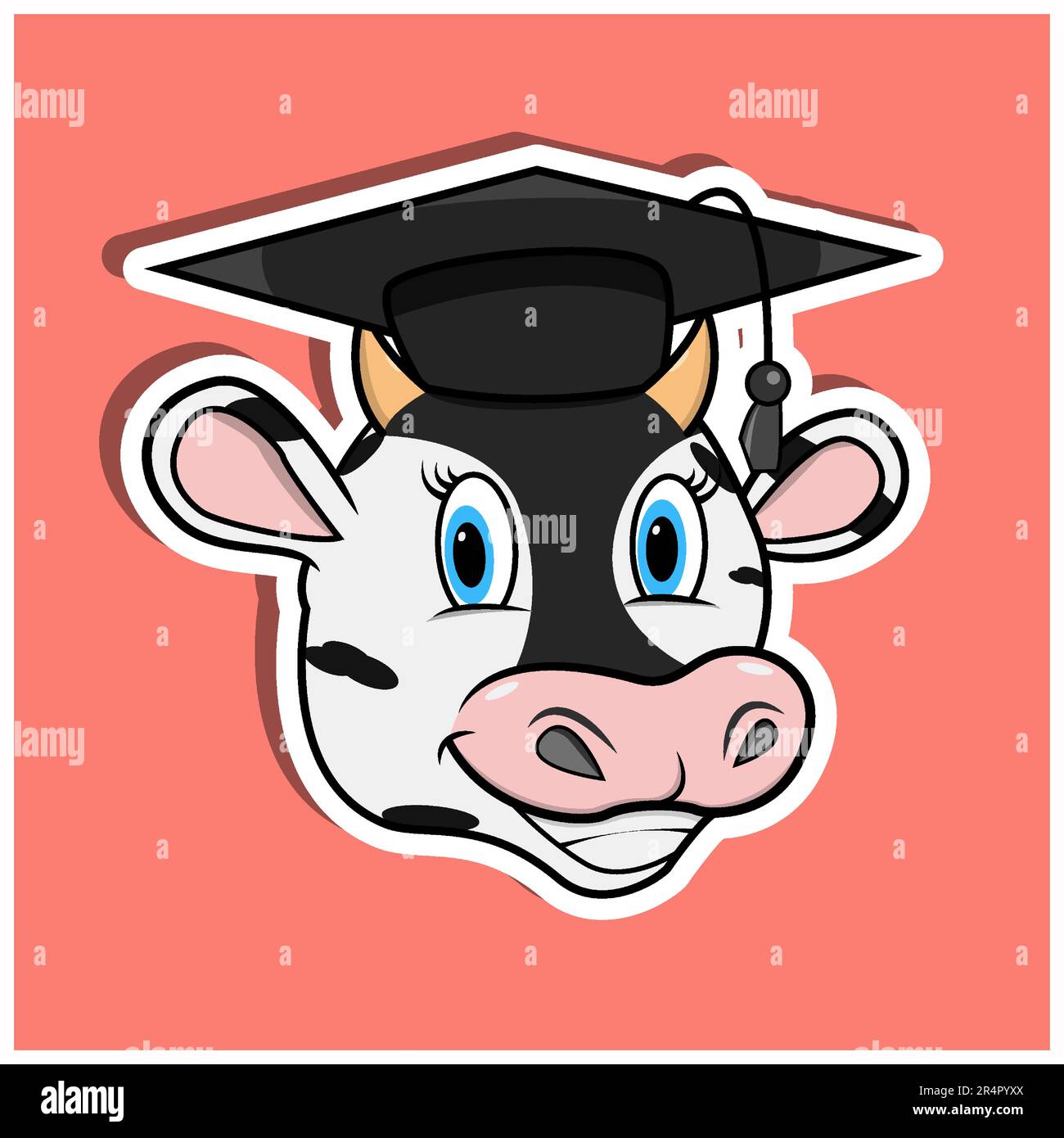 Animal Face Sticker With Cow Wearing Graduate Hat. Character Design ...